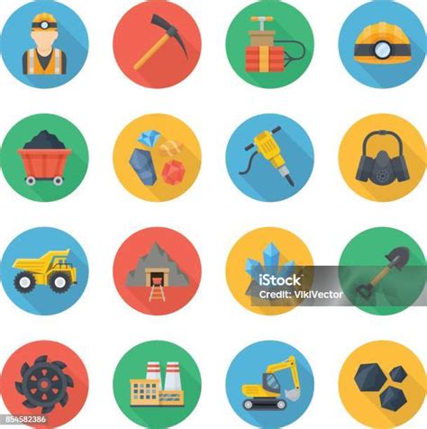 挖掘圖示平面樣式集向量圖形及更多圖示圖片 圖示 採礦業 工具 Istock