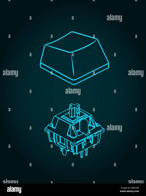 Stylized Vector Illustrations Of Isometric Blueprints Of A Switch And Keycap For Mechanical