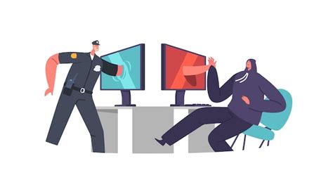 Premium Vector Cyber Police Catching Robber Through Computer Screen