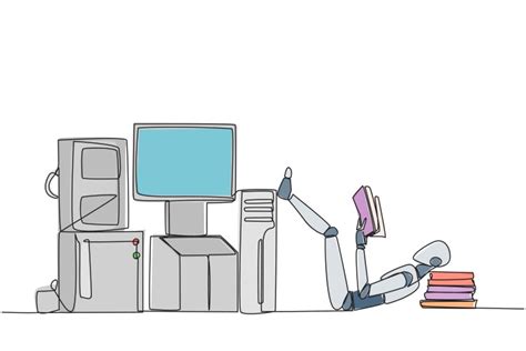 Continuous One Line Drawing Robot Climb Stairs Vector Image