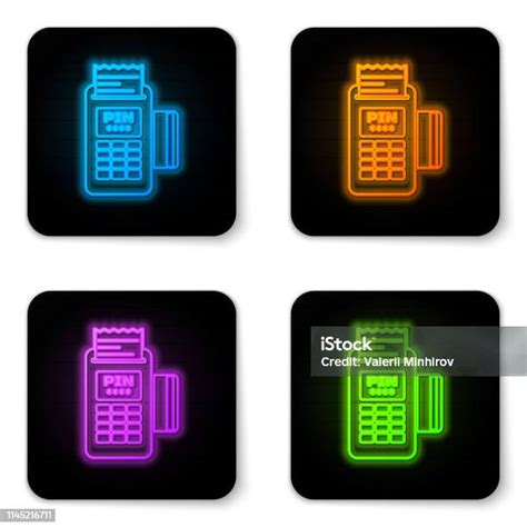 삽입 된 신용 카드 및 인쇄 된 영수증 아이콘 흰색 배경에 고립 된 네온 Pos 터미널 빛나는 Nfc 지불 개념입니다 검은색
