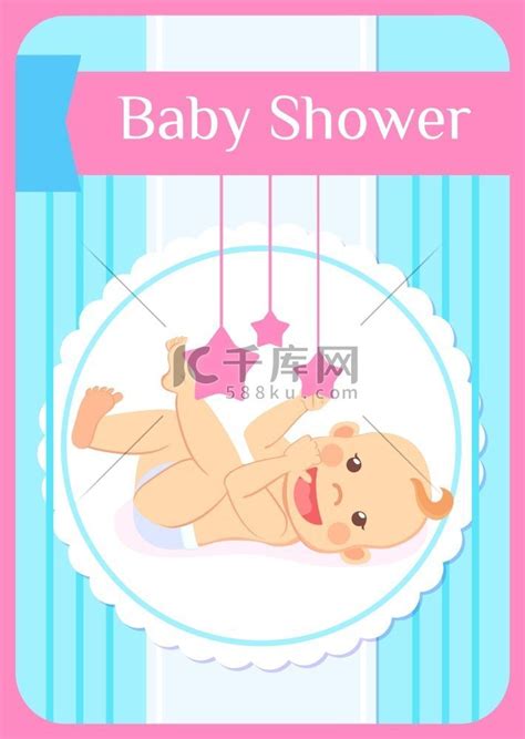 婴儿送礼会贺卡，穿着尿布的孩子嘴里拿着手指玩着移动的星星。背景图片免费下载 海报banner 高清大图 千库网 图片编号6344058