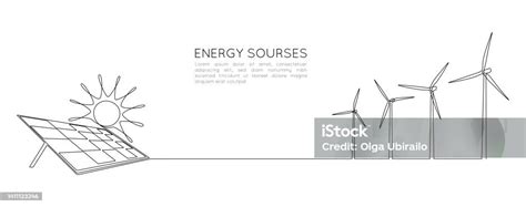 태양과 풍력 터빈과 태양 전지 패널의 하나의 연속 라인 드로잉 녹색 에너지와 재생 가능한 자원은 단순한 선형 스타일입니다 발전소 개념 편집 가능한 스트로크 낙서 벡터