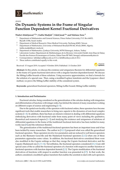 Pdf On Dynamic Systems In The Frame Of Singular Function Dependent Kernel Fractional Derivatives