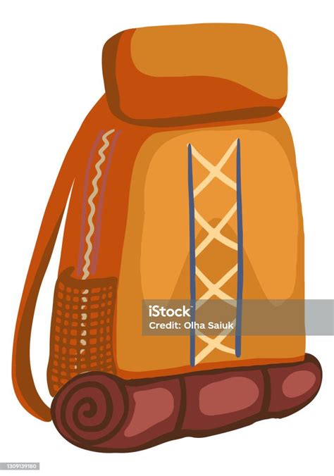 하이킹 배낭 캠핑 장비 야외 모험 탐험 손으로 그린 벡터 낙서 그림 흰색에 고립 된 다채로운 만화 클립 아트 디자인 인쇄 장식 카드 스티커에 대한 요소 0명에 대한 스톡