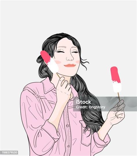 집 밖에서 맛있는 아이스크림을 먹는 젊은 여성 낙서 아트 컨셉 일러스트 페인팅 거리에 대한 스톡 벡터 아트 및 기타 이미지