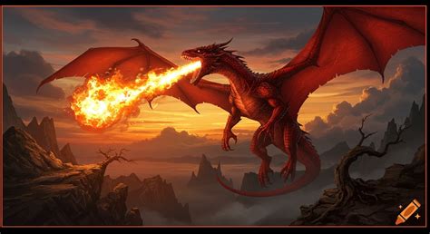 A Majestic Red Dragon With Large Fiery Orange Wings Soars Over A Vast