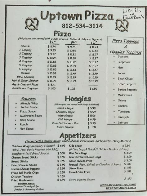 Menu At Uptown Pizza Restaurant East Enterprise In 250