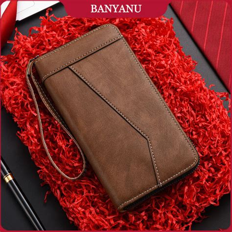 Banyanu กระเป๋าซิปยาวแนวธุรกิจสำหรับผู้ชายกระเป๋าสตางค์ใส่โทรศัพท์ได้