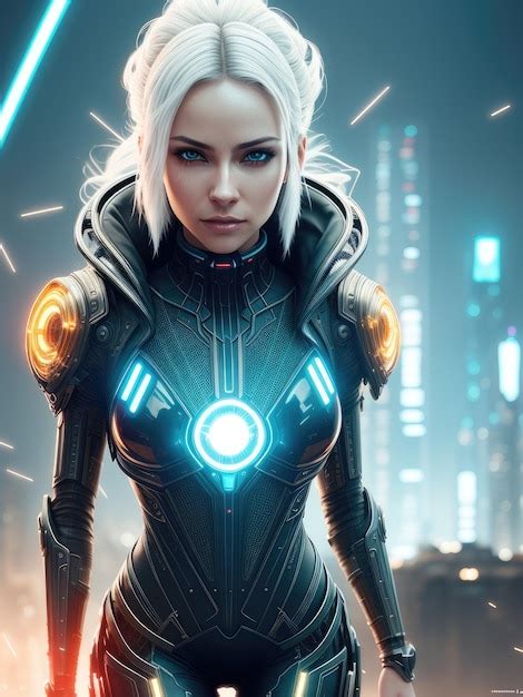Premium Ai Image A Woman In A Space Suit With A Blue Light On Her Head