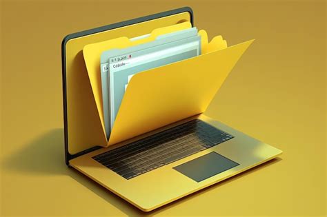 Premium Ai Image Laptop With File Folder On Screen Document Folder Yellow Background Ai