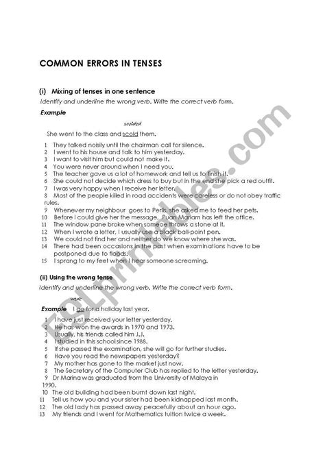 Common Errors In Tenses Esl Worksheet By Eriylia