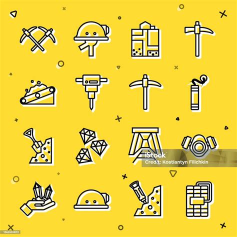 세트 라인 다이너마이트 방독면 광산 입구 건설 잭해머 석탄 곡괭이와 아이콘을 들고 컨베이어 벨트 벡터 건설 산업에 대한 스톡