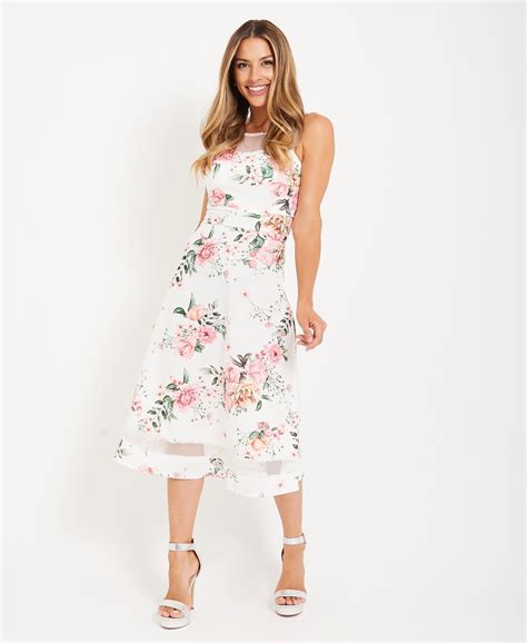Dress Mesh Top Floral Print Skater Midi Dress KRISP