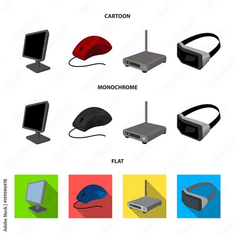 Monitor Mouse And Other Equipment Personal Computer Set Collection Icons In Cartoon Flat
