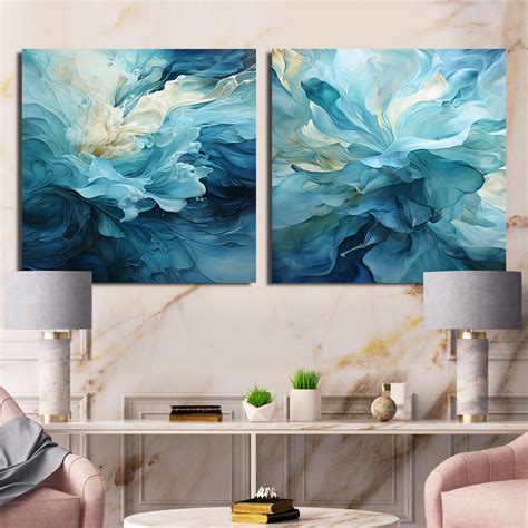 Design Art Aqua Blue And White Serenity Swirl Iii Abstract Spirals Square Collage Set Of 2