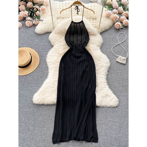 Mua มั่นใจได้ว่าจะซื้อsingreiny Đầm Dệt Kim Hở Lưng Gợi Cảm Đầm XÒe XẺ