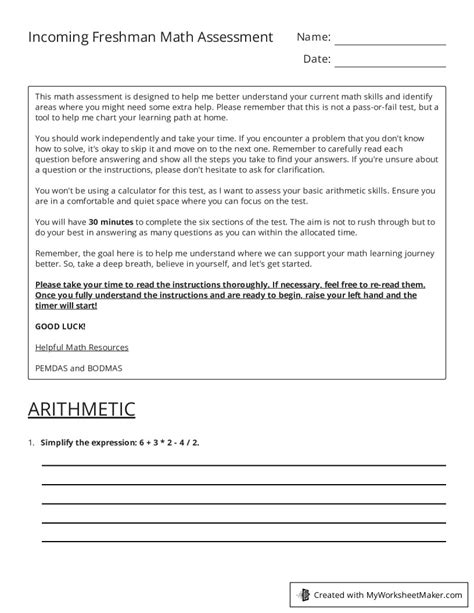 Incoming Freshman Math Assessment My Worksheet Maker Create Your Own Worksheets