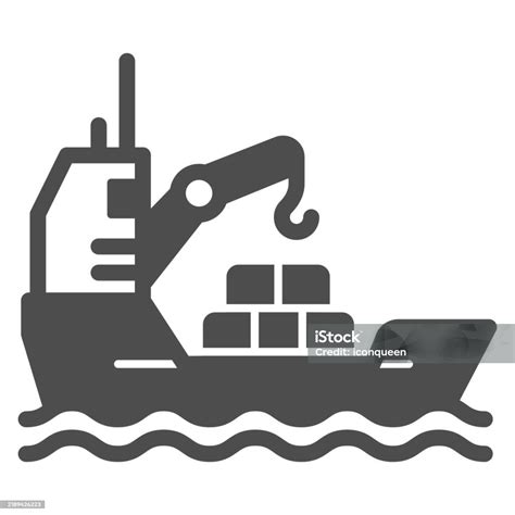 선박에 화물 컨테이너 솔리드 아이콘 선적 개념 벡터 그래픽 흰색 배경에 크레인 기호가 있는 배송 모바일 또는 웹 디자인용 글리프 스타일 아이콘 검은색에 대한 스톡 벡터 아트