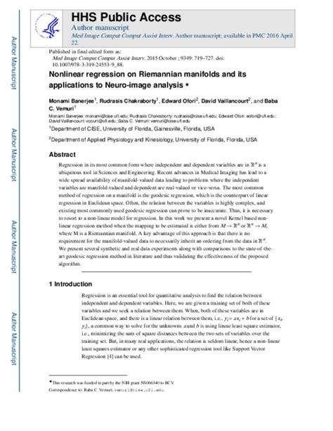 Pdf Nonlinear Regression On Manifolds In Imaging