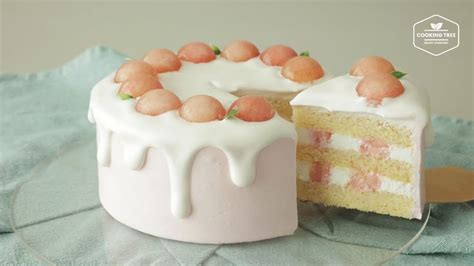 복숭아 생크림 케이크 만들기 Peach Cake Recipe Cooking Tree 케이크 레시피 컵케이크 케이크 케익
