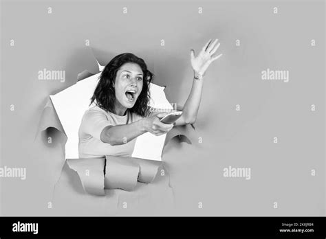 Happy Woman Push Bottom Of Remote Control Girl Watch Tv Show Use New