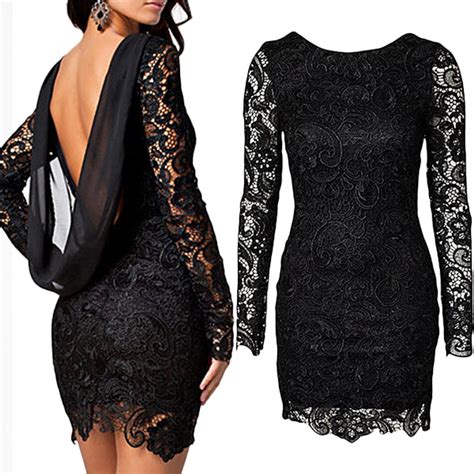 Sexy Backless Chiffon Spliced Long Sleeve Lace Dress