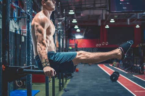 Young Handsome Shirtless Manand X27s Body In L Sit Position On Parallel