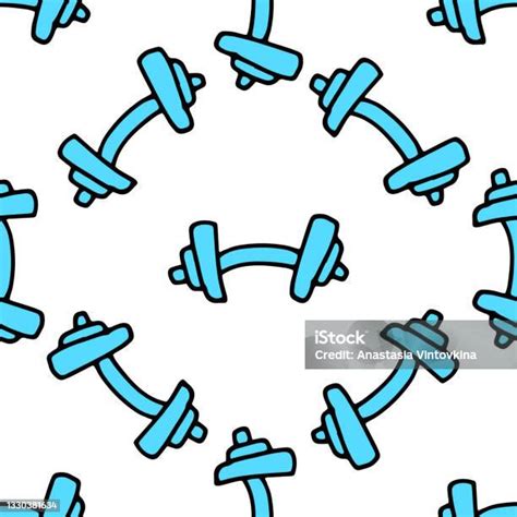 다른 방향으로 흰색 배경에 무작위로 배열 된 파란색 아령의 벡터 패턴 남성 스포츠 디자인의 흰색 배경에 파란색의 검은 윤곽이있는 손으로 그린 아령의 매끄러운 패턴 그리기에