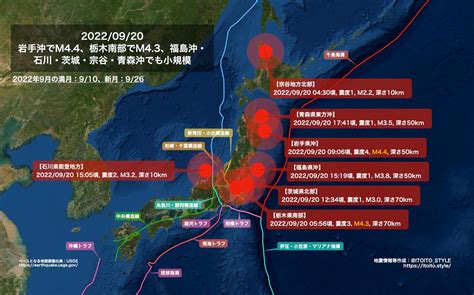 岩手沖でm44、栃木南部でm43、福島沖・石川・茨城・宗谷・青森沖でも小規模（20220920） 備災生活