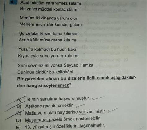 4 Aceb Nitdüm Yâra Virmez Selamı Bu Zalim Müddei Komaz Ola Mi Menüm