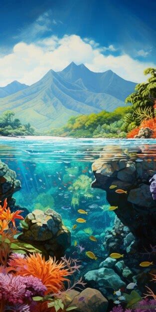 Premium Photo Coral Reef Underwater Painting With Ocean And Mountains