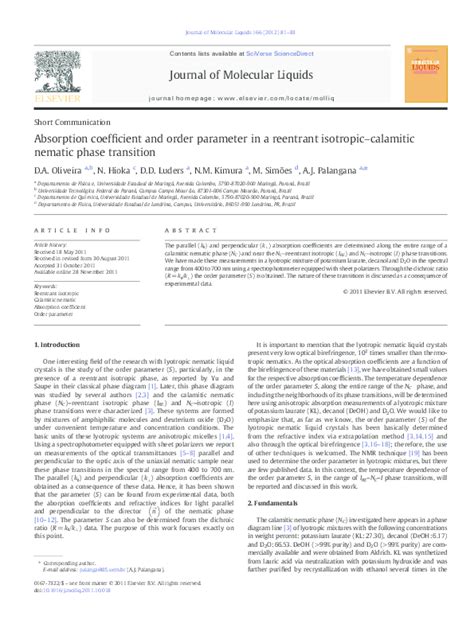 Pdf Absorption Coefficient And Order Parameter In A Reentrant Isotropic Calamitic Nematic