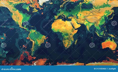 A Detailed Map Of The World Displayed In Shades Of Green And Yellow