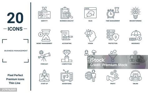 비즈니스 관리 선형 아이콘 세트 Thin Line Identity 자금 관리 예측 시작 온라인 비전 보고서 프레젠테이션 다이어그램 웹 디자인을 위한 팀 작업 아이콘 포함 0