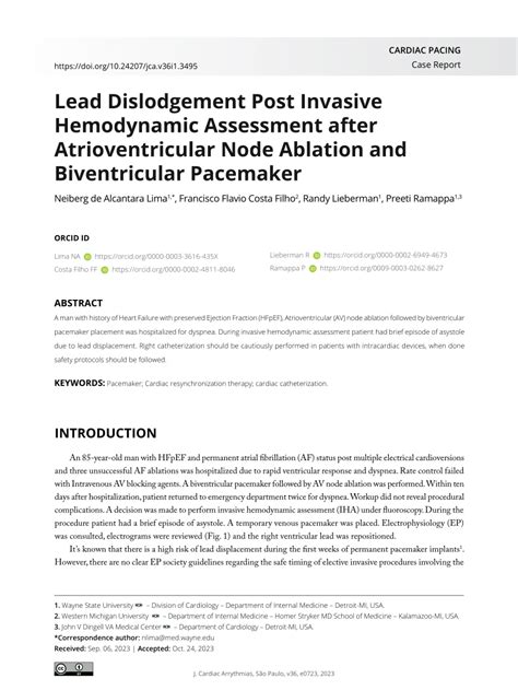 Pdf Lead Dislodgement Post Invasive Hemodynamic Assessment After Atrioventricular Node