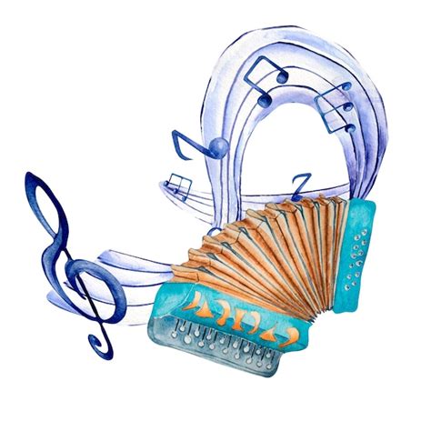 Notas Musicales De Clave De Sol E Ilustración De Acuarela De Acordeón