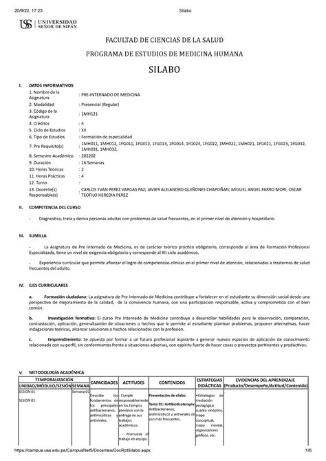 Sílabo Preinternado De Medicina B Facultad De Ciencias De La Salud
