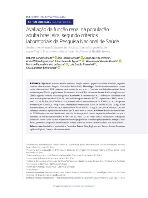 Avaliação Da Função Renal Na População Adulta Brasileira Segundo