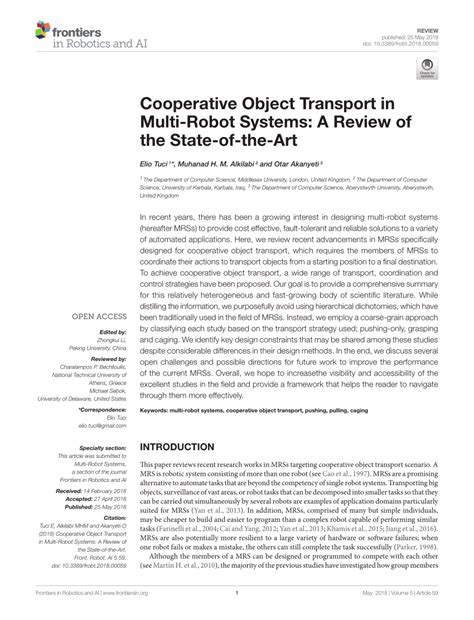 pdf cooperative object transport in multi robot systems a review of
