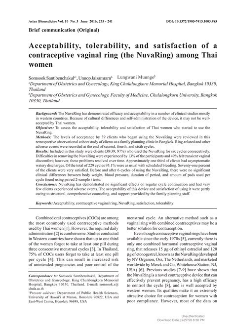 Asian Biomedicine Acceptability Tolerability And Satisfaction Of A Contraceptive Vaginal Ring