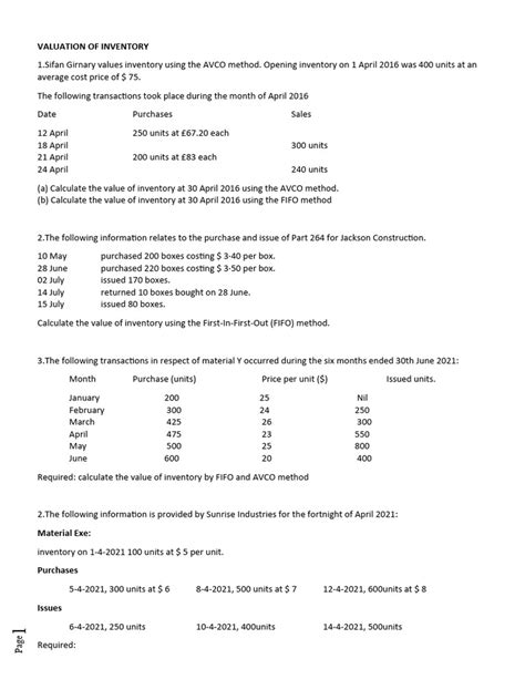 As Inventory Valuation Fifo Avco Pdf Management Accounting