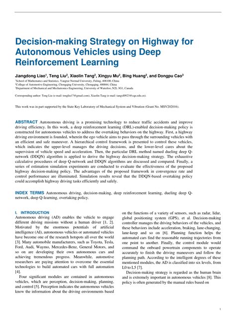 Pdf Decision Making Strategy On Highway For Autonomous Vehicles Using Deep Reinforcement Learning