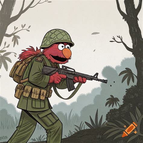 Cartoon Illustration Of Elmo Dressed In Military Uniform Holding A