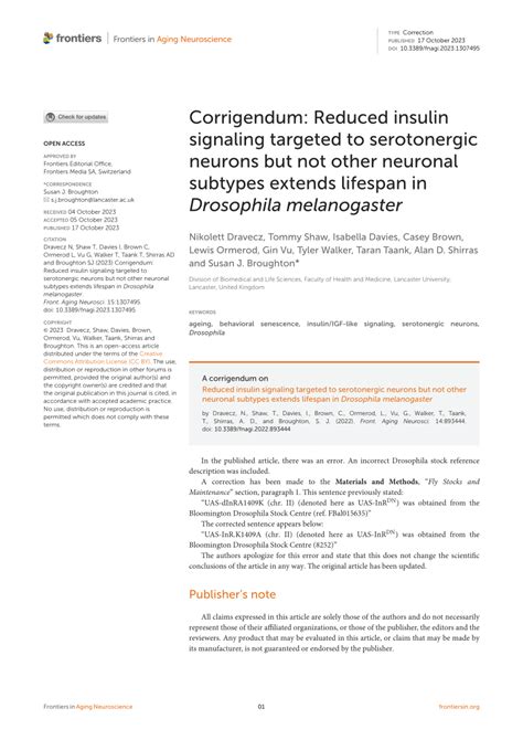 pdf corrigendum reduced insulin signaling targeted to serotonergic
