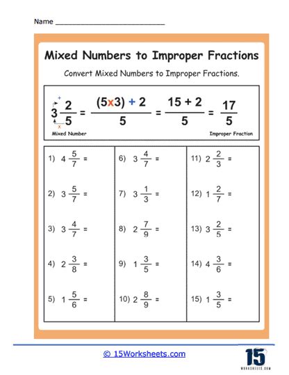 convert mixed numbers to improper fractions worksheet practice problems