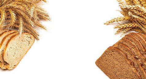 슬라이스 된 멀티 그레인 거친 빵과 부스러기가있는 호밀 빵집 흰 배경에 고립 된 밀 곡물 귀 또는 스파이크 식물이있는 소박한 전통 빵 덩어리 바이오 성분 매우 건강 0명에