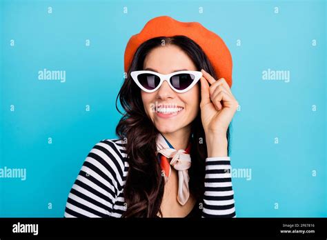 Portrait Of Gorgeous Person Hand Touch Sunglass Look Empty Space Toothy