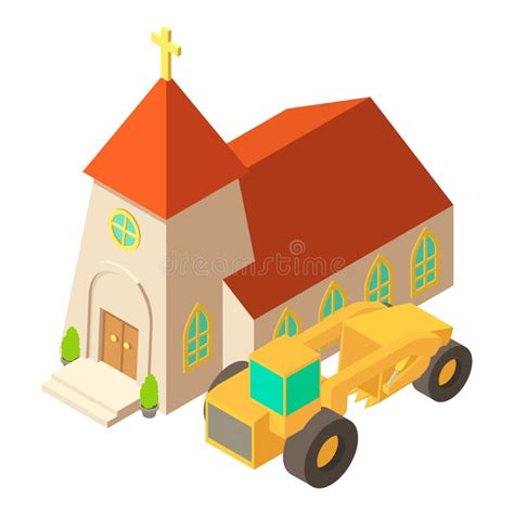 Grader Work Icon Isometric Vector Construction Grader Near Church Building Icon Stock Vector