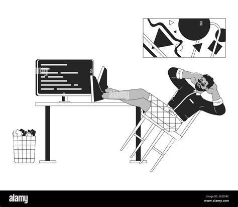 Software Developer Resting At Workplace Black And White 2d Line Cartoon Character Stock Vector